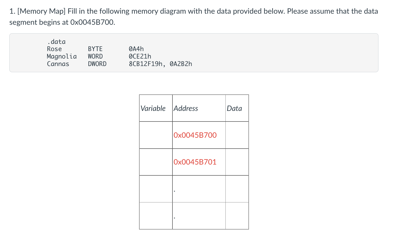 Solved 1. [Memory Map] Fill in the following memory diagram | Chegg.com