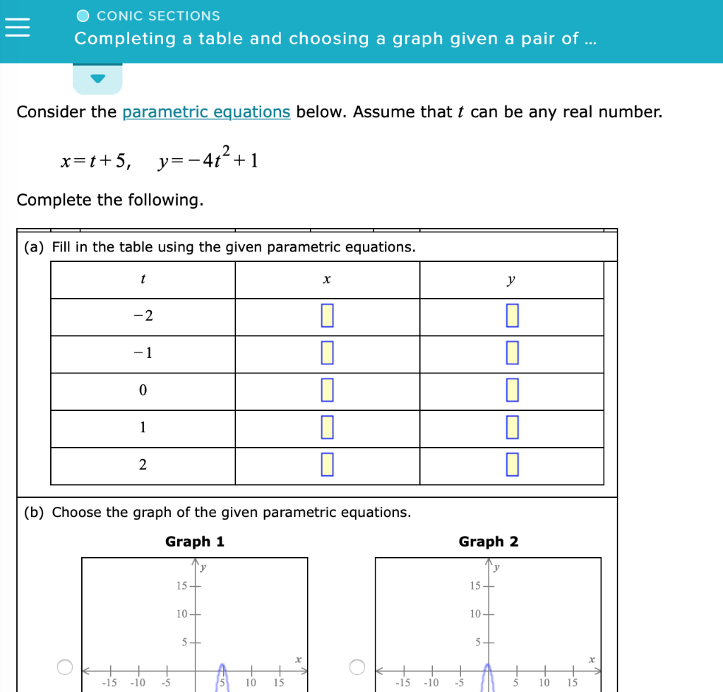 Solved O CONIC SECTIONS Completing a table and choosing a | Chegg.com