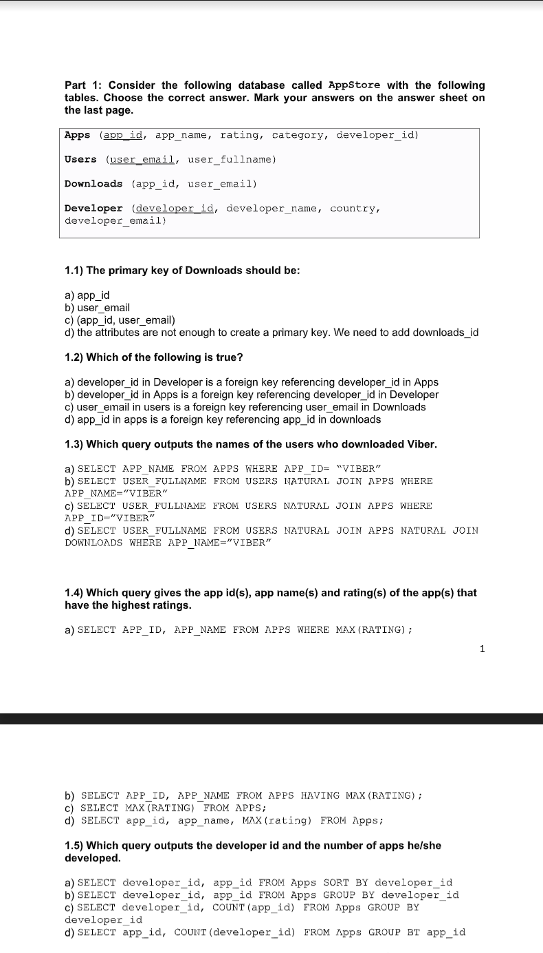 Solved Part 1: Consider the following database called | Chegg.com