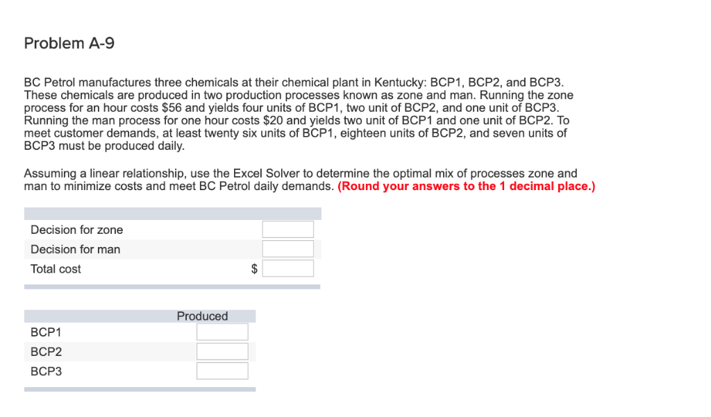 Solved Problem A-9 BC Petrol manufactures three chemicals at | Chegg.com