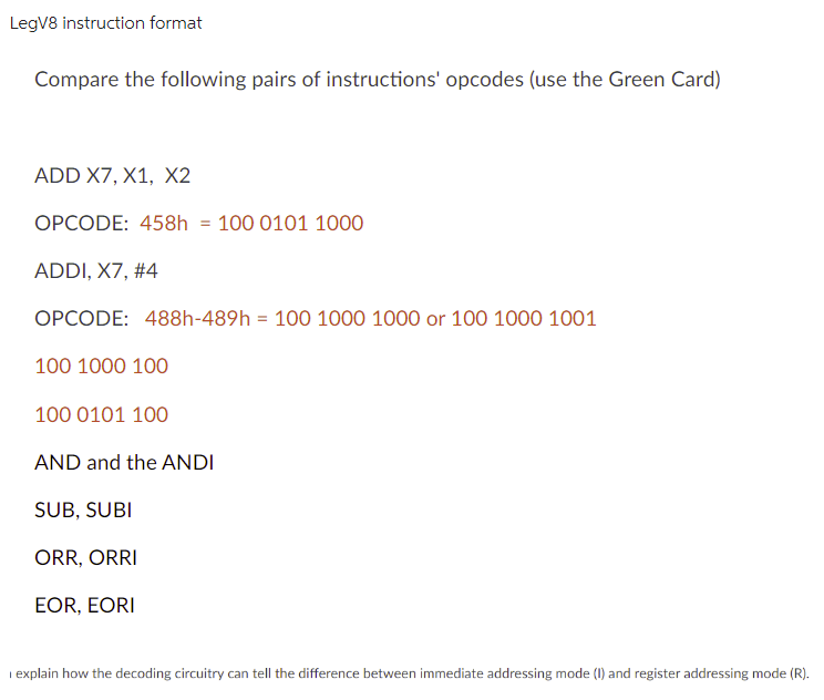 Solved LegV8 instruction format Compare the following pairs | Chegg.com