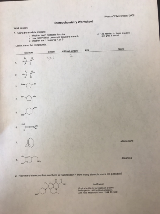 Solved Week of 2 Novermber 2009 Stereochemistry Worksheet | Chegg.com
