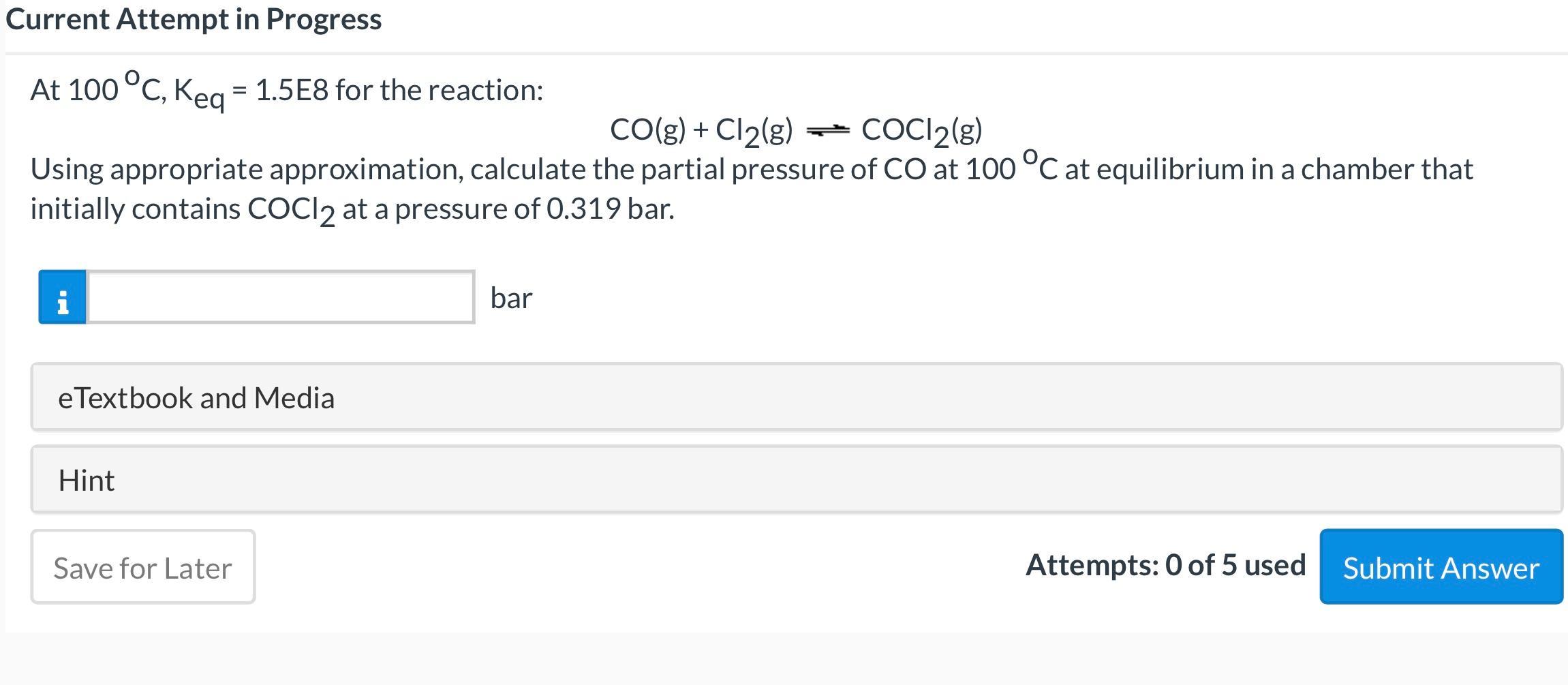Solved At 100∘C,Keq =1.5E8 for the reaction: CO(g)+Cl2( | Chegg.com