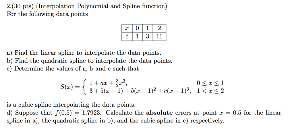 Solved 2.(30 pts) (Interpolation Polynomial and Spline | Chegg.com
