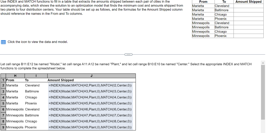 Solved Use INDEX and MATCH functions to fill in a table that | Chegg.com