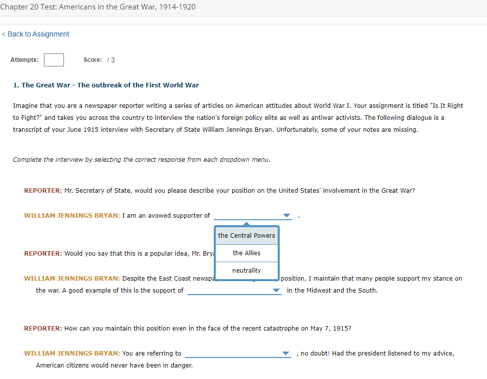 Solved Chapter 20 Test: Americans in the Great War, | Chegg.com