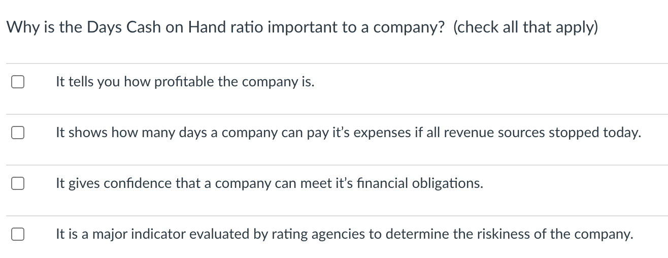 Solved Why is the Days Cash on Hand ratio important to a | Chegg.com