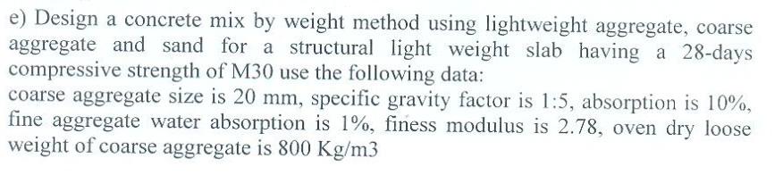 Solved e) Design a concrete mix by weight method using | Chegg.com