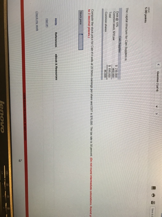 Solved 5.00 points The capital structure for Cain Supplies | Chegg.com