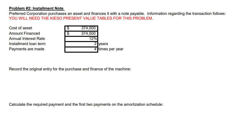 Solved Problem \#2: Installment Note Preferred Corporation | Chegg.com
