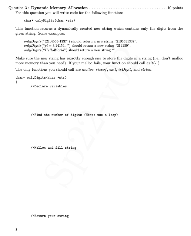 Question 3 : Dynamic Memory Allocation ... 10 points | Chegg.com