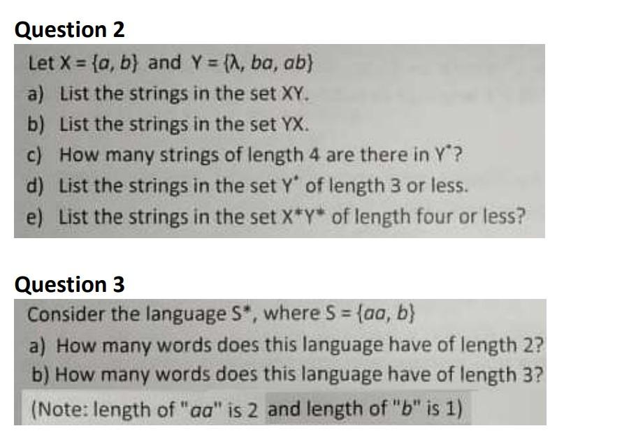 Solved Question 2 Let X = {a,b) and Y = {,ba, ab) a) List | Chegg.com