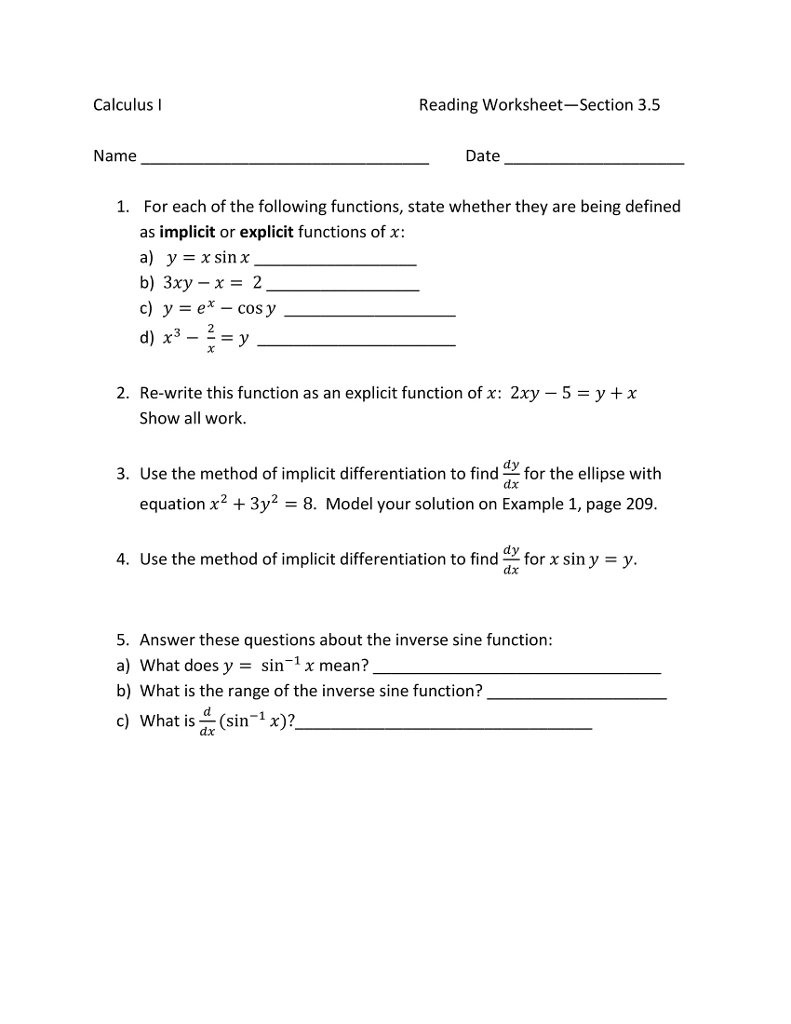 Solved Calculus I Reading Worksheet-Section 3.5 Name Date | Chegg.com