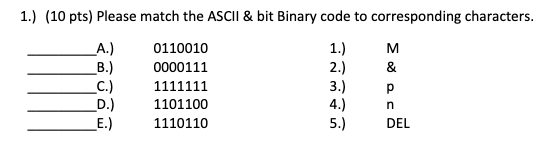 Solved A.) 1.) (10 pts) Please match the ASCII & bit Binary | Chegg.com