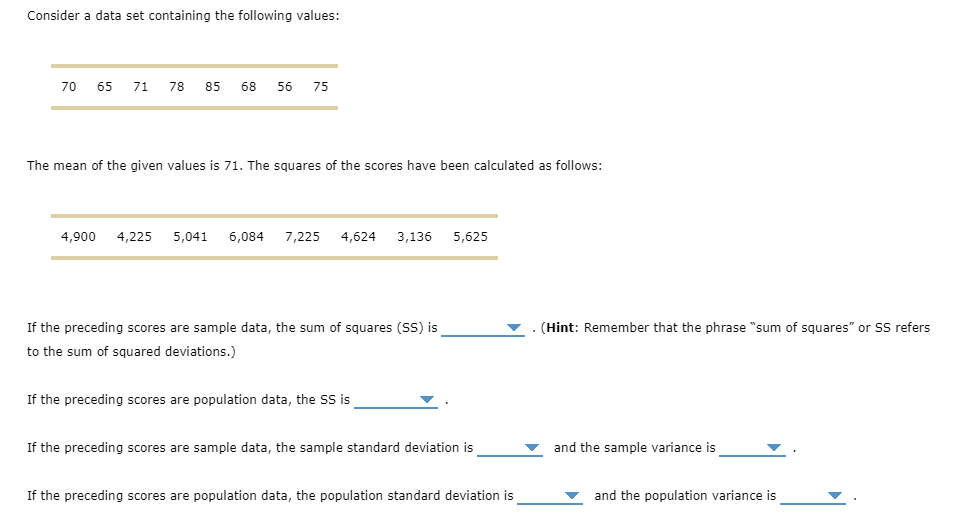 Solved Consider a data set containing the following values: | Chegg.com