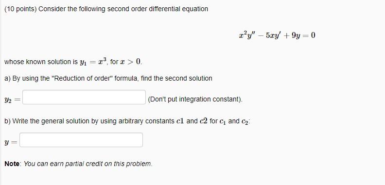 Solved (10 points) Consider the following second order | Chegg.com