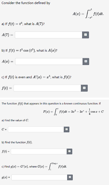 Solved Consider the function defined by A(x)=∫−x2x2f(t)dt a) | Chegg.com