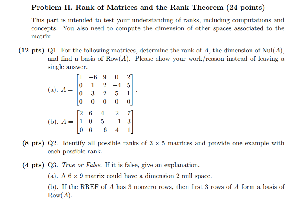 Solved Problem II. Rank of Matrices and the Rank Theorem (24 | Chegg.com
