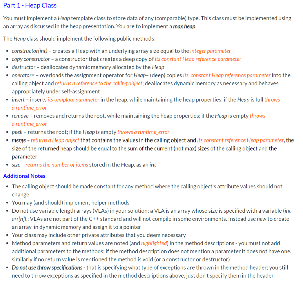 Part 1 - Heap Class You must implement a Heap | Chegg.com