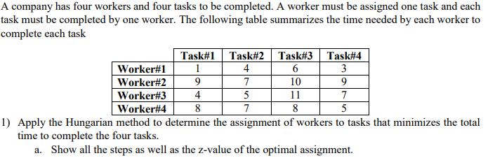 Solved A company has four workers and four tasks to be | Chegg.com