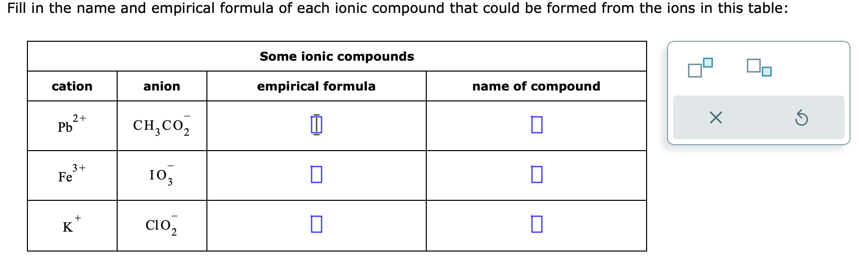Solved Fill in the name and empirical formula of each ionic | Chegg.com