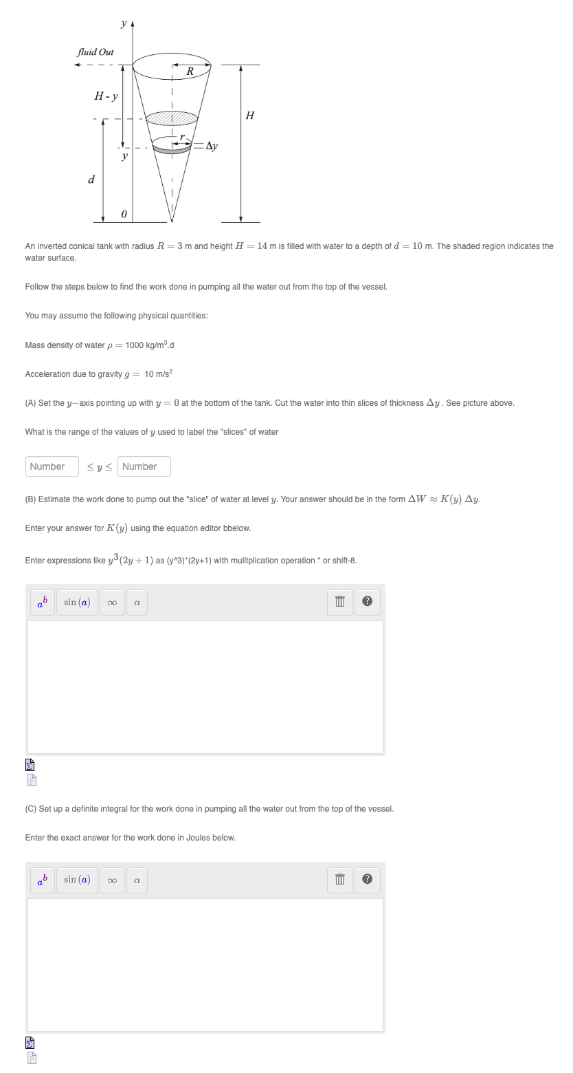 Solved An inverted conical tank with radius R=3 m and height | Chegg.com