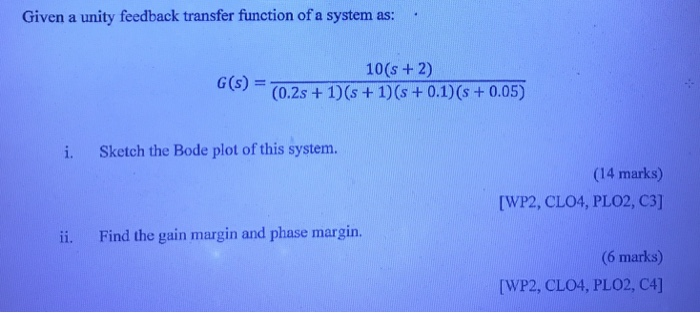 Solved Given a unity feedback transfer function of a system | Chegg.com