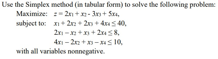 Solved Use the Simplex method (in tabular form) to solve the | Chegg.com
