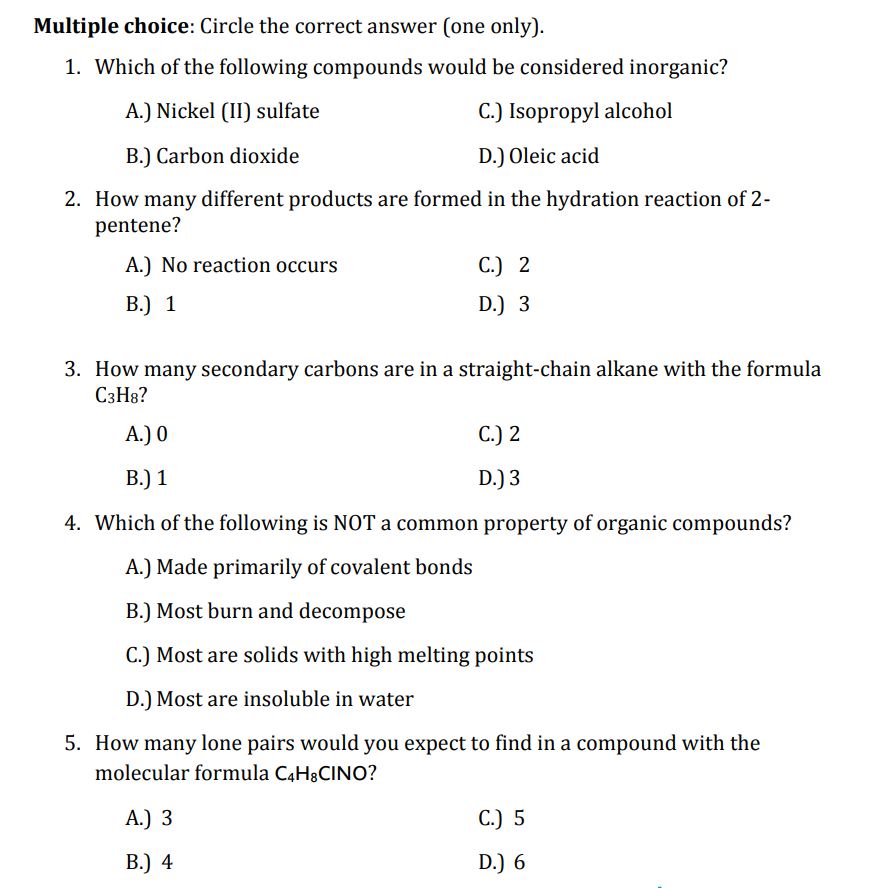 Solved Multiple choice: Circle the correct answer (one | Chegg.com