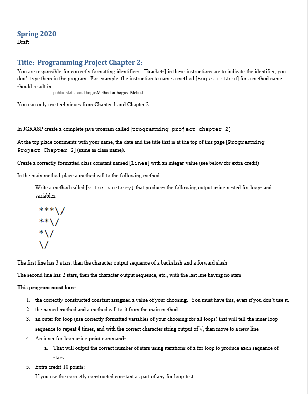 Solved Spring 2020 Draft Title: Programming Project Chapter | Chegg.com
