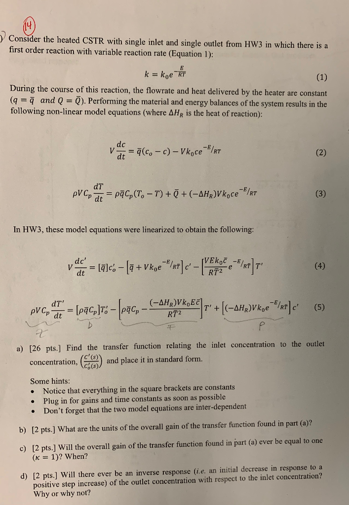 y Consider the heated CSTR with single inlet and | Chegg.com