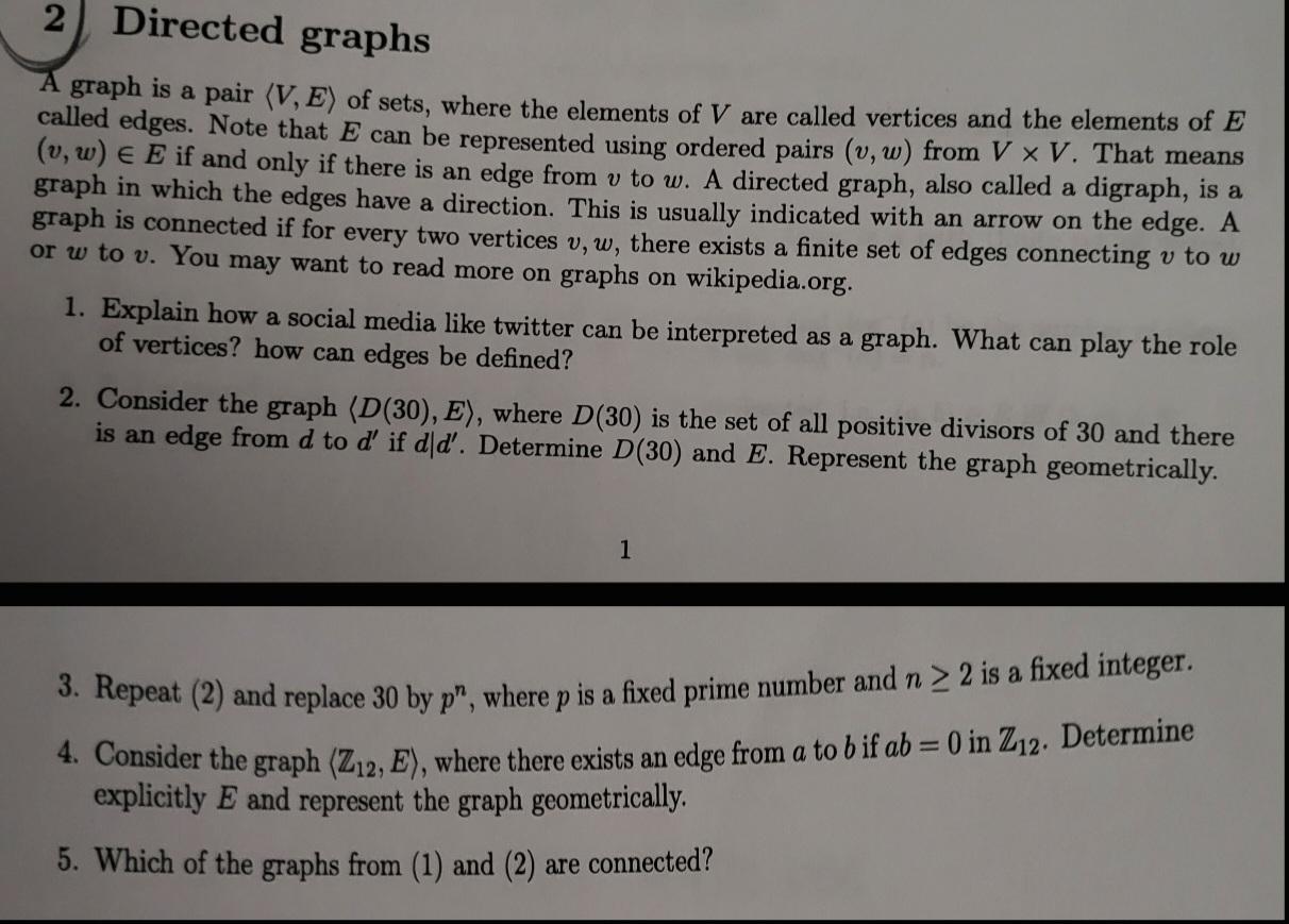 Solved 2 Directed graphs A graph is a pair (V, E) of sets, | Chegg.com