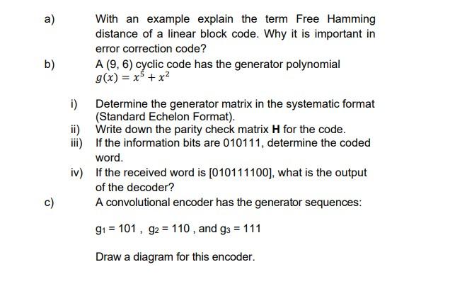 a) With an example explain the term Free Hamming | Chegg.com