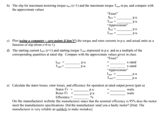 Induction Machine Per-Unit Analysis A 125hp, 460 Volt | Chegg.com