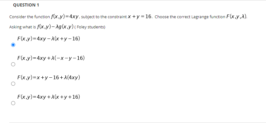 Solved QUESTION 1 Consider the function f(x,y)=4xy, subject | Chegg.com