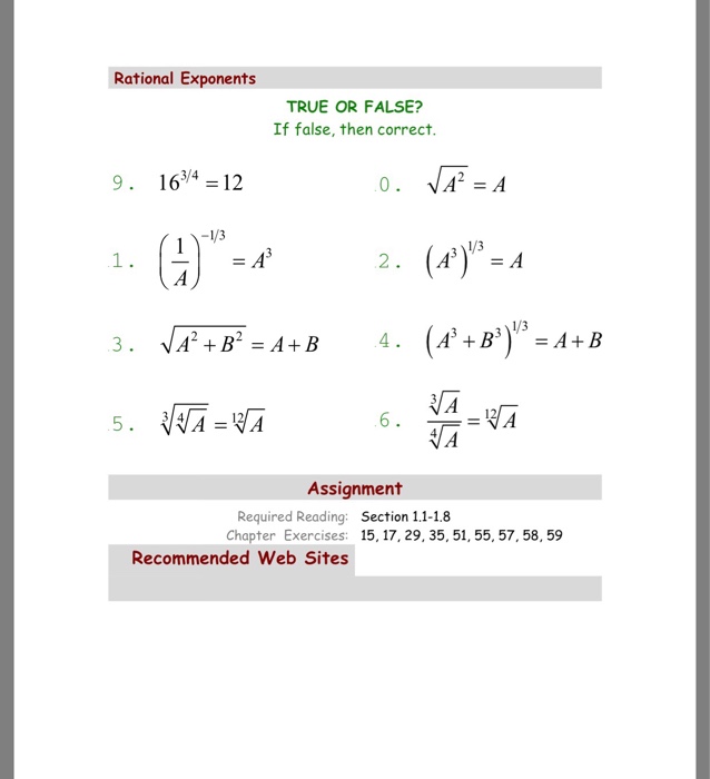 Solved Rational Exponents TRUE OR FALSE? If false, then | Chegg.com
