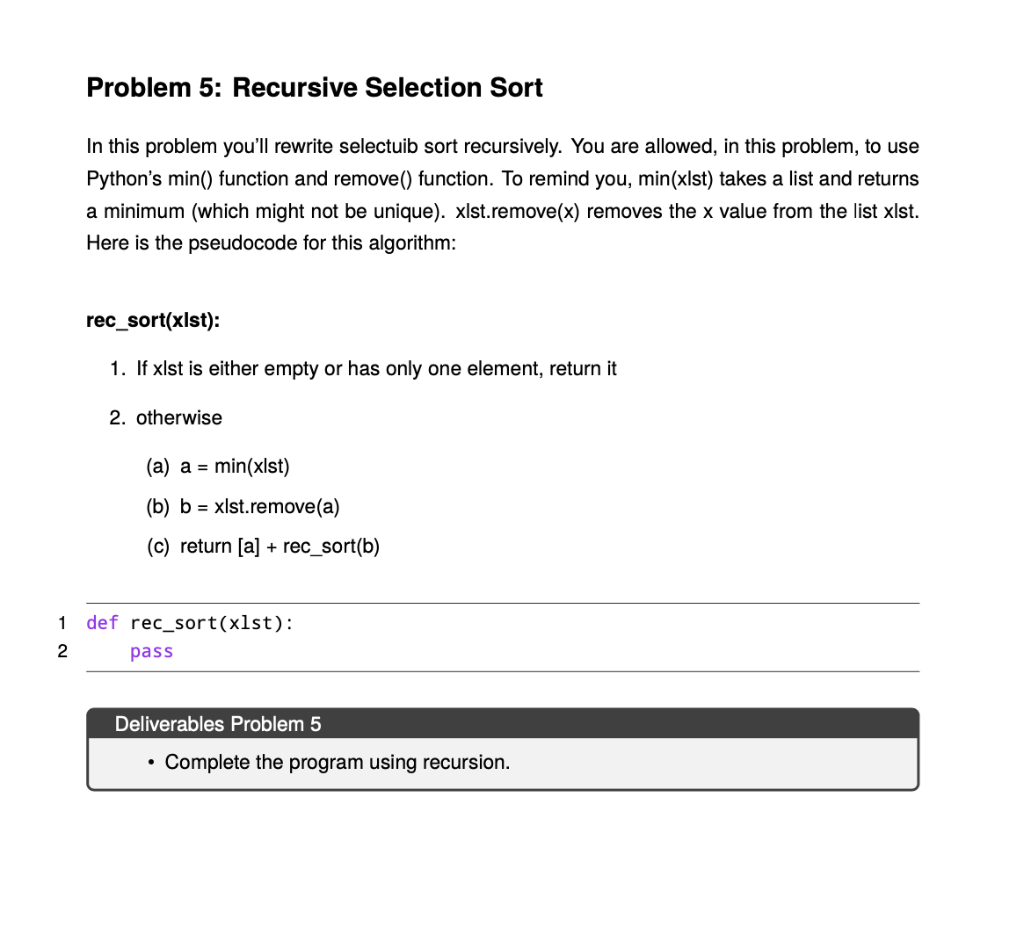 Solved Problem 5: Recursive Selection Sort In this problem | Chegg.com