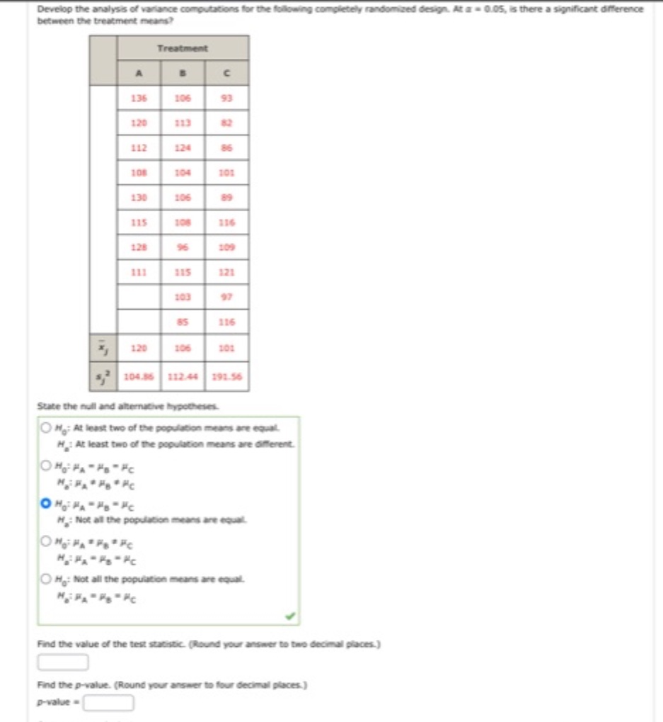 Solved Develop the analysis of variance computations for the | Chegg.com