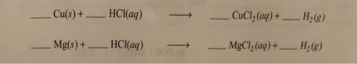 Solved Cu(s) +--. HCI(aq) CuCl2(aą)+H2g) -→ Mg(s) +--. | Chegg.com