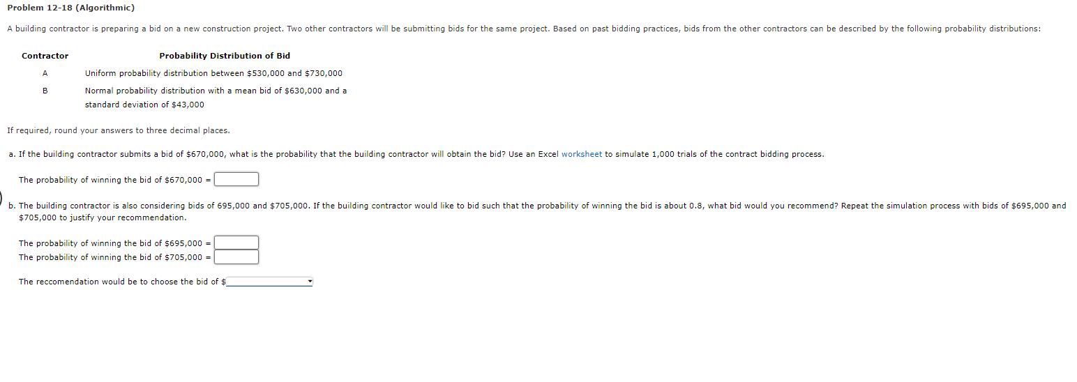 Solved Problem 12-18 (Algorithmic) A building contractor s | Chegg.com