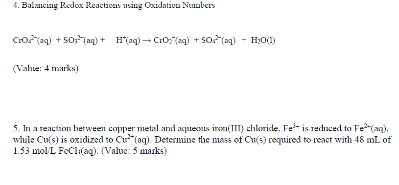 Solved 4. Balancing Redox Reactions using Oxidation Numbers | Chegg.com