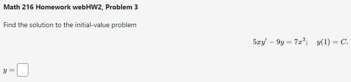 Solved Math 216 Homework webHW2, Problem 3 Find the solution | Chegg.com