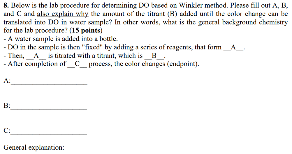 Solved 8. Below is the lab procedure for determining DO | Chegg.com