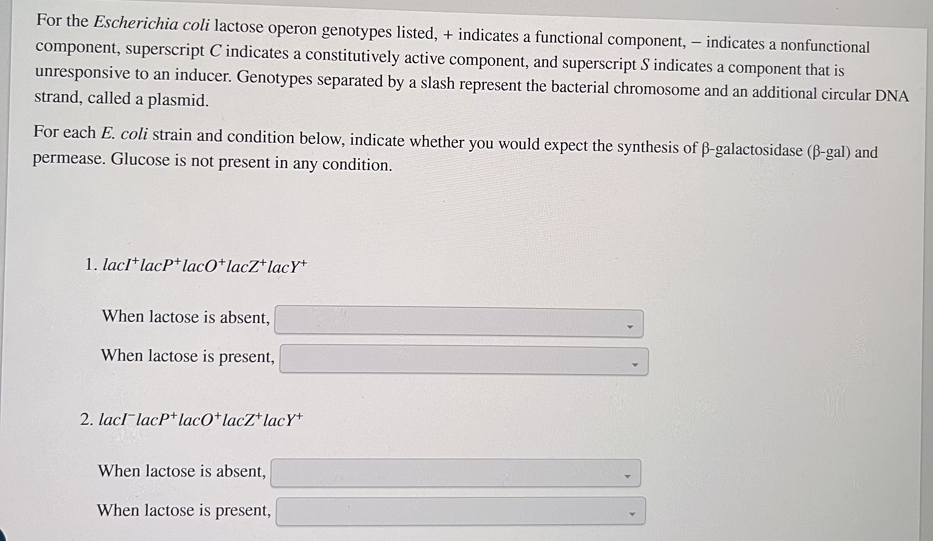 Solved For the Escherichia coli lactose operon genotypes | Chegg.com
