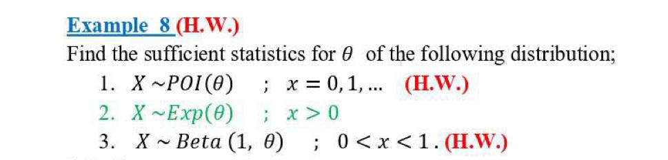 Solved Example 8 (H.W.) Find the sufficient statistics for θ | Chegg.com