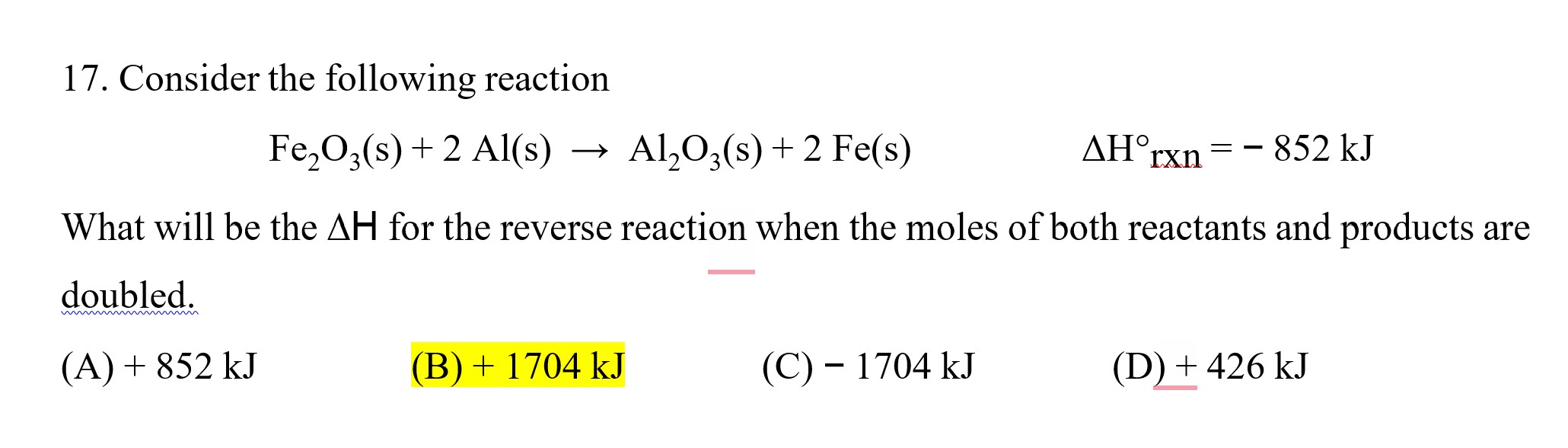 Solved 17. Consider the following reaction Fe2O3( | Chegg.com