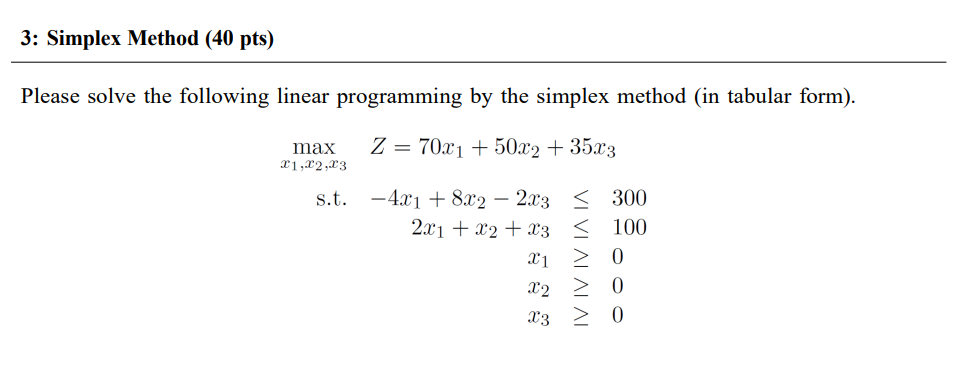 Solved 3: Simplex Method (40 ﻿pts)Please solve the following | Chegg.com