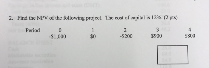 Solved Find the NPV of the following project. The cost of | Chegg.com