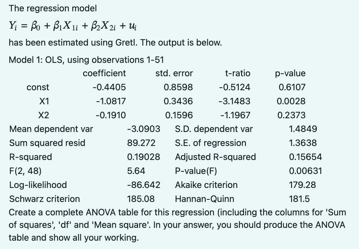 Solved The regression model Yi=β0+β1X1i+β2X2i+ui has been | Chegg.com