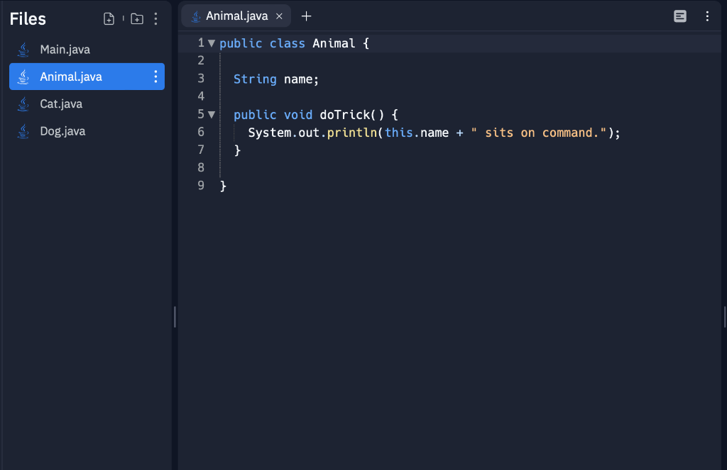 Solved FilesV public class Animal \{ String name; public | Chegg.com